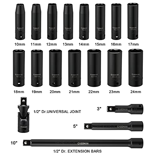 CASOMAN Complete 1/2-Inch Drive Deep Impact Socket Set, Metric, CR-V,10-24mm, 6 Point, 19-Piece Sockets Set with Extension Bar and Universal Joints