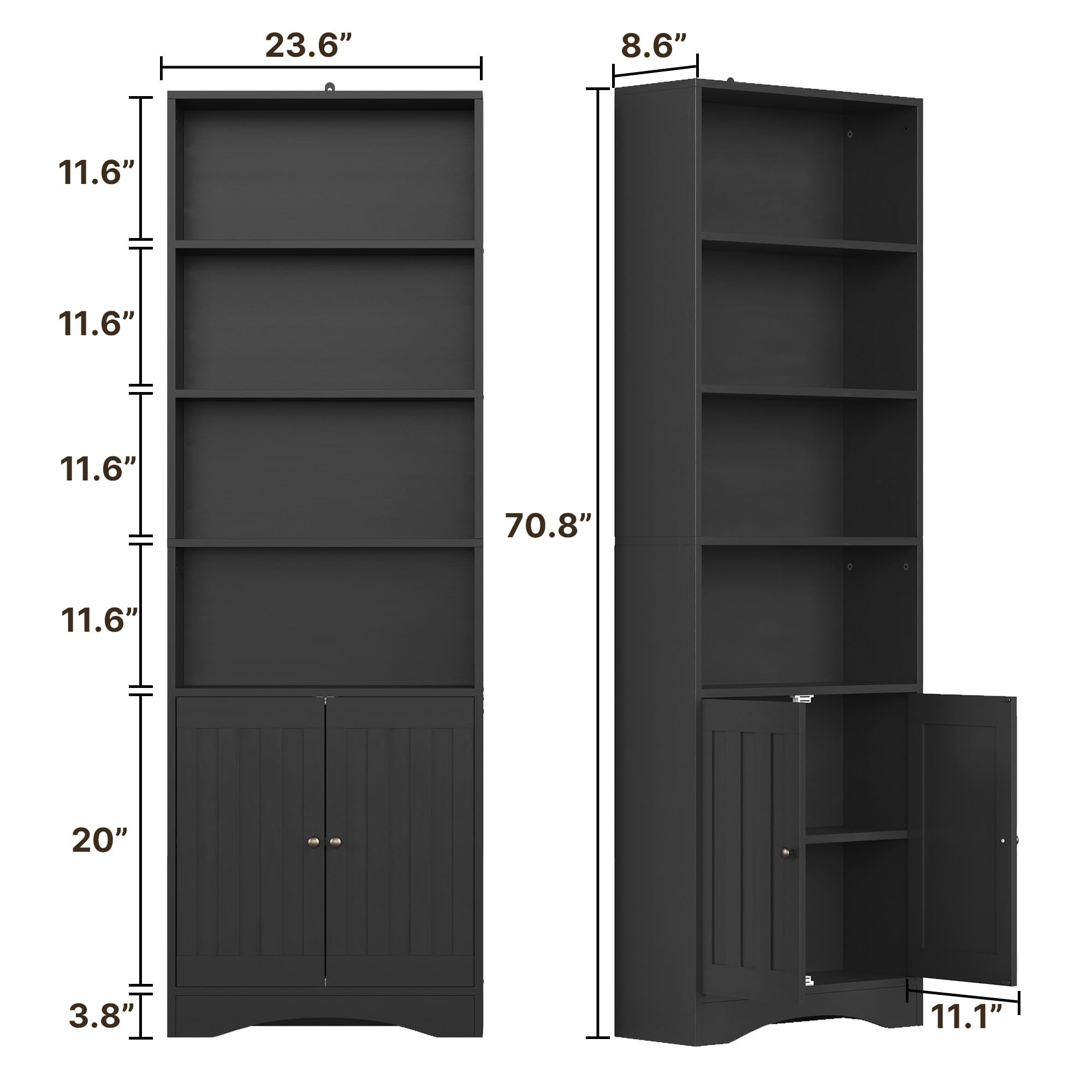 Gizoon Bookcase, Bookshelves and Bookcases, 71β 6-Shelf Bookcase with Doors, Floor Standing Display Storage Shelves, with Adjustable Shelves, for Home, Office, Living Room, Bedroom, Black
