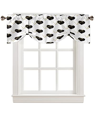 Tie-Up Valance Curtains for Window - Happy Valentine's Day Gold Love Black and White Heart Kitchen Valance - Light Filtering Valance Curtains Short Curtains with Adjustable Tie 42"x12"