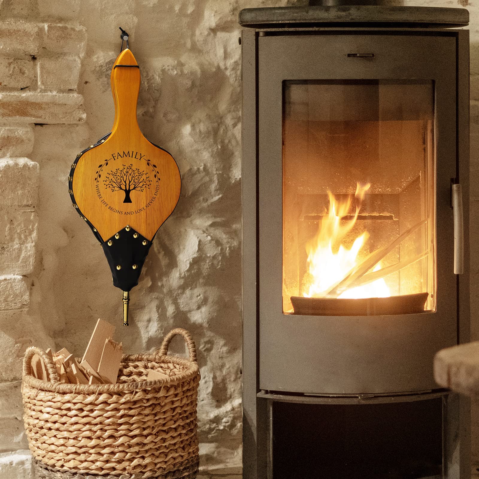 THYGIFTREE Fireplace Bellows Indoor 19x8 Custom Large Wood Fire Blower with Hanging Strap, Long Handle, Metal Nozzle, Tool for Fireplace, Fire Pit, Wood Stove, BBQ, Fireplace Decor - Family