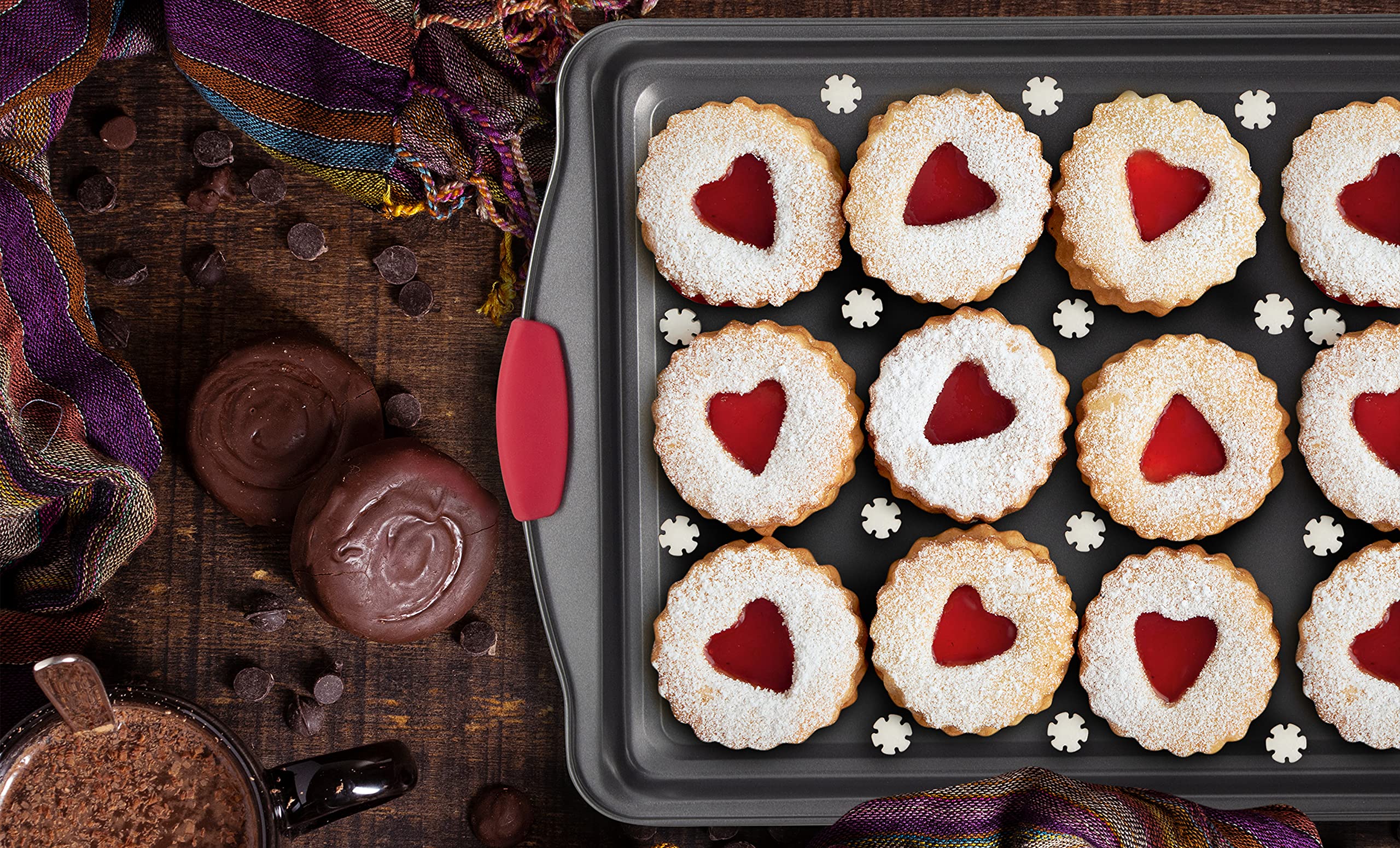 Eternal Living Non Stick Baking Pans Cookie Sheets for Baking with Red Silicone Handles 3pc Set Large, Black