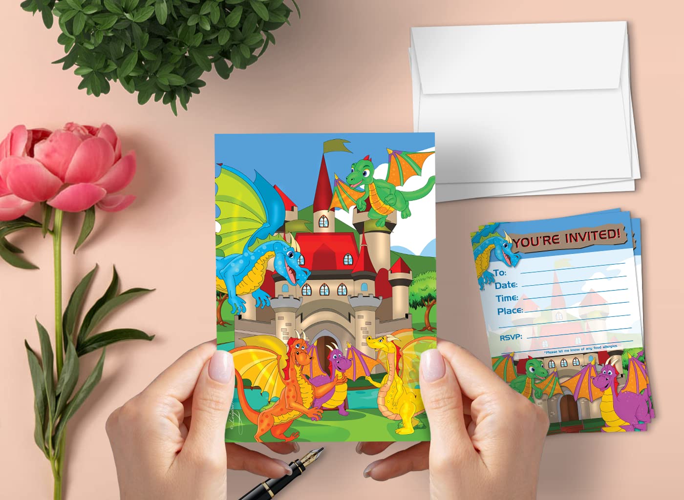 Leigha Marina Dragons Party Invitation Cards for Kids, 20 Invites & 20 Envelopes - Fill in the Blank Greeting Notes - Multi-Use, Birthday, Themed Celebration