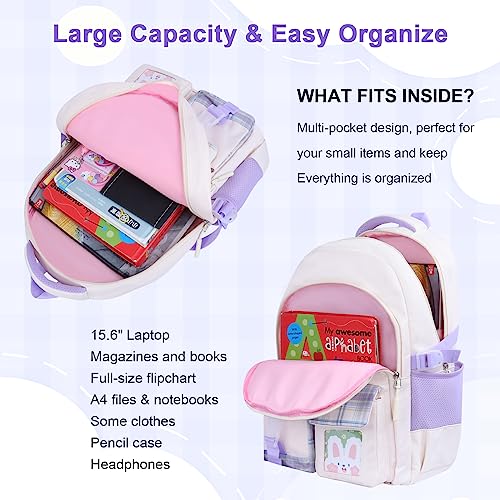 Mcaldume Cute Backpacks for Girls, Kawaii Backpack Aesthetic Backpack for Teen Girls, Cute Bookbag for Kids Elementary School Beige