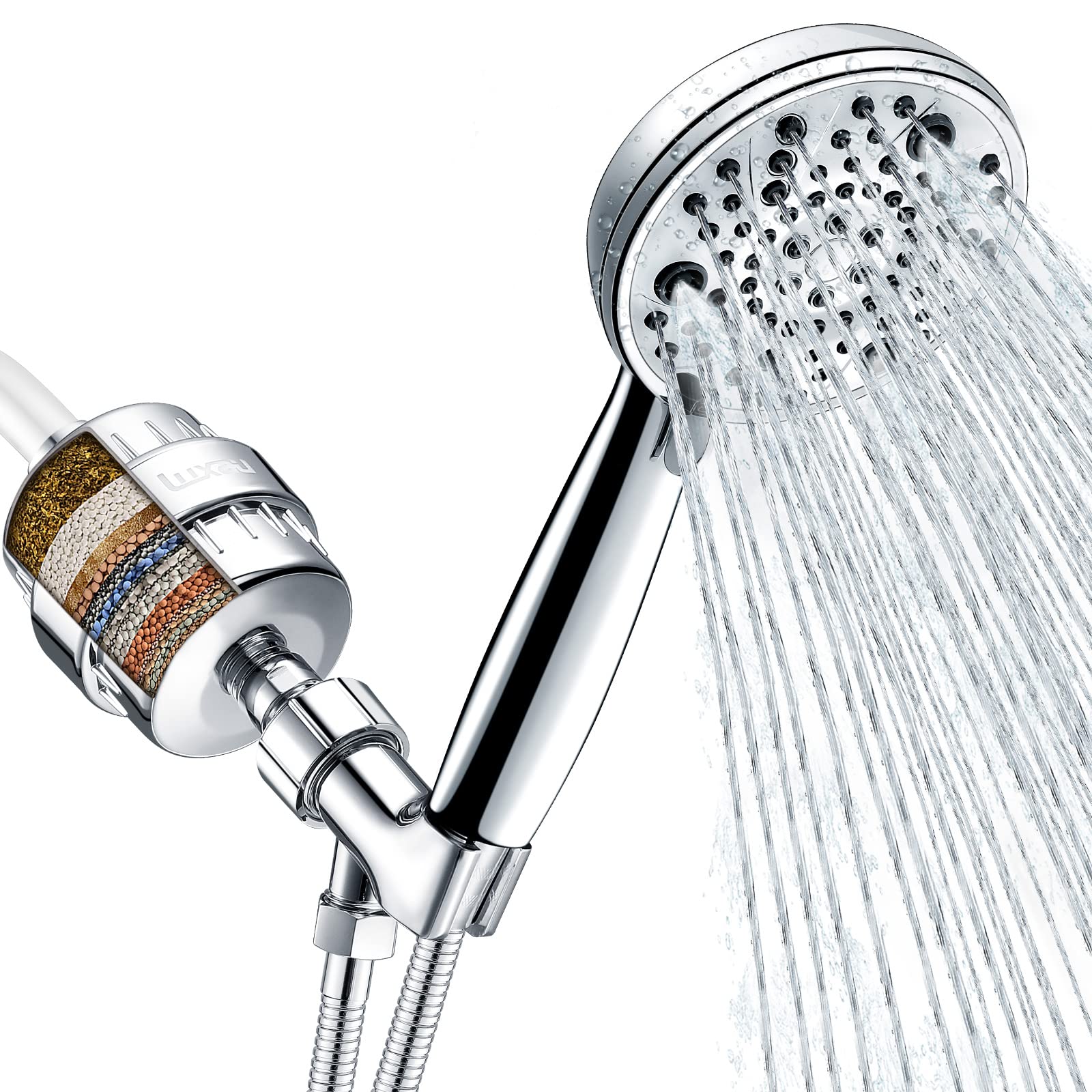 Filtered Shower Head Combo, Includes 20 Stage Shower Filter Head, High Pressure Handheld Spray Showerhead, Hose, Shower Arm Mount Holder, for Hard Well Water Chlorine, Chrome (S20)