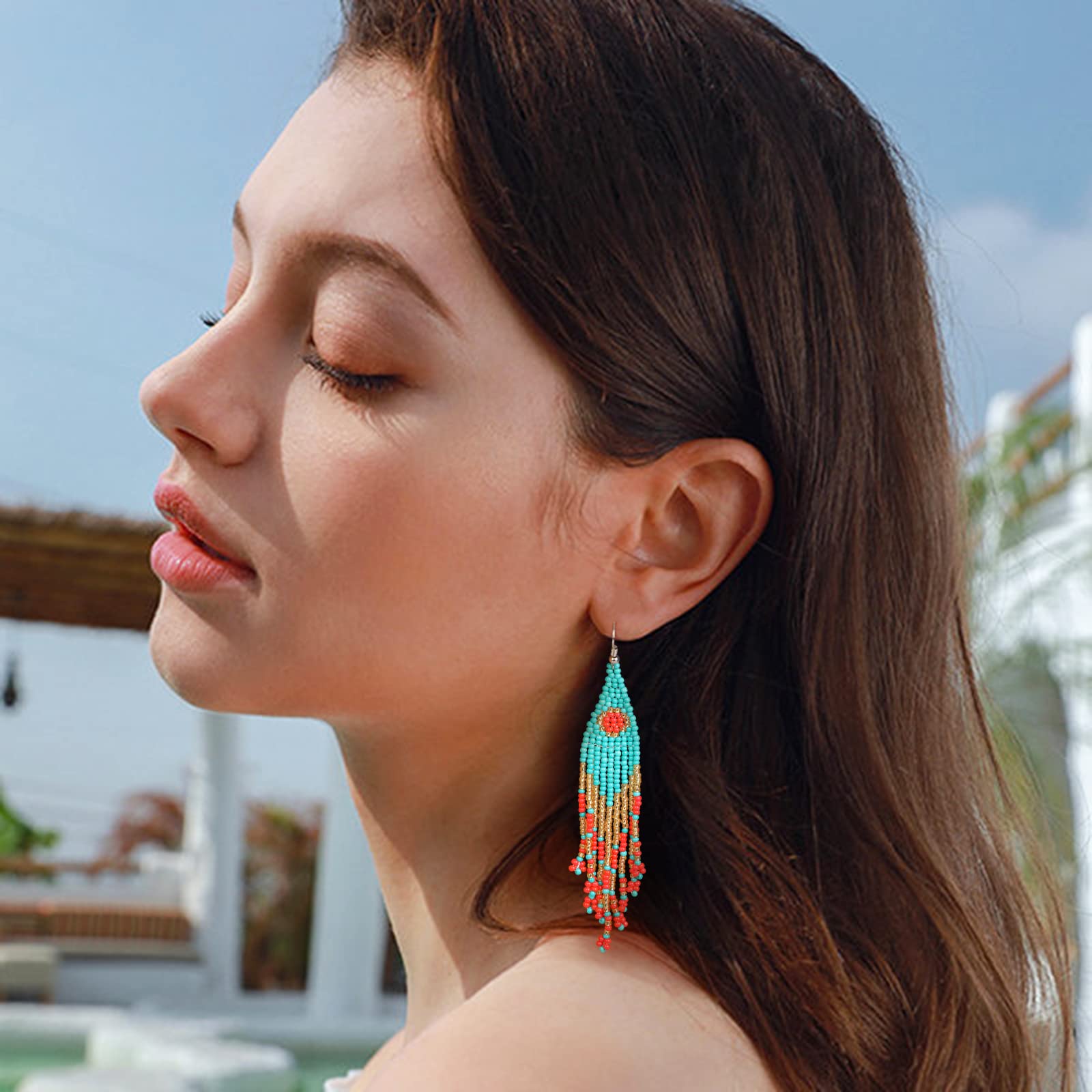 DoreenBow Long Beaded Tassel Light Blue Earrings Boho Hoop Beaded Dangle Earrings Handmade Seed Bead Earrings Fringe Drop Earrings for Women and Girls