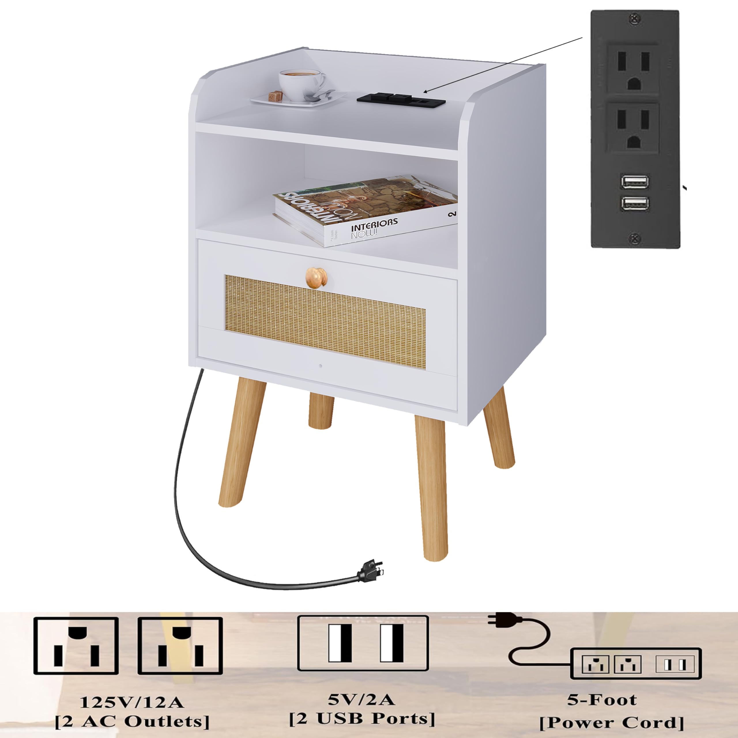 Gyger Nightstand Set of 2,Wood Nightstand with Charging Station,Bed Side Table with Rattan Decor Drawer,Small Night Table with Storage for Bedroom,White