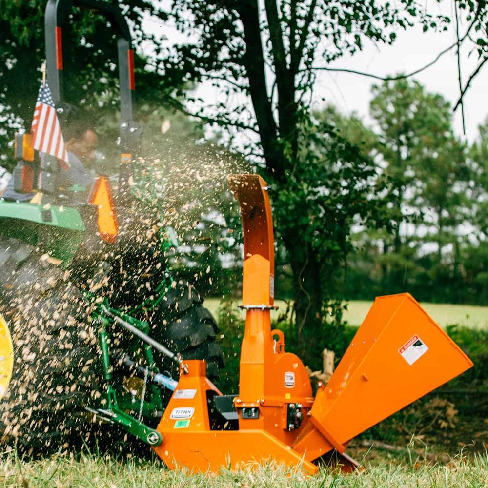 Titan Attachments 3 Point Wood Chipper, PTO Driven for Tractors Up to 70HP, 3 Point Hitch Mounting, Self-Feeding Chute, Adjustable Discharge, Reversible Blades, Shredder Mulcher Operates at 540 RPM