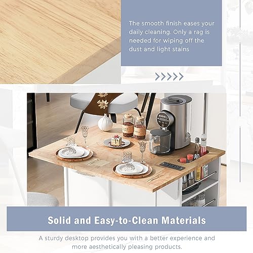 Lunanniu Rolling Kitchen Island with Power Outlet Drop Leaf Wine Glass Holder- 5 Wheels Side Storage Cabinet & Drawers for Home Kitchen Room Rubber Wood Top Moveable Portable Kitchen Cart White