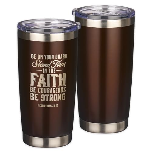 Christian Art Gifts Stainless Steel Double Wall Vacuum Insulated Tumbler 18 oz Brown Travel Mug with Retractable Lid for Women & Men Inspirational Bible Verse - Stand Firm -1 Corinthians 16:13