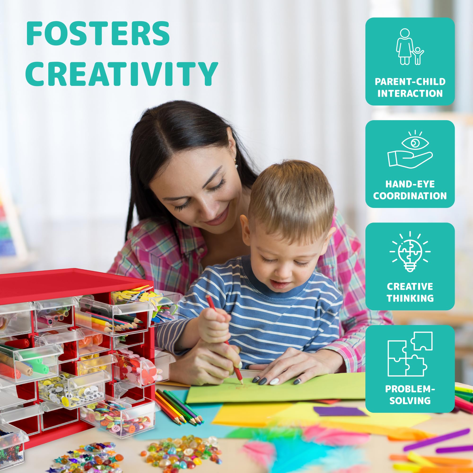 Kraftic Arts and Crafts Supplies Set for Kids Ages 4-8, Giftable Craft Organizer Box with 2000+ Pcs DIY Art Supplies for Toddlers, School Projects, and Homeschool - Red