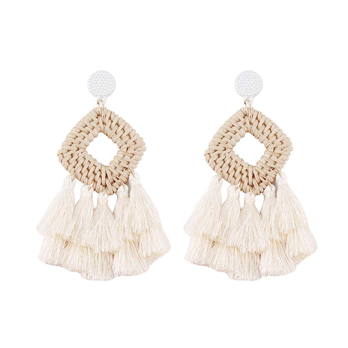 Bohemia Tassel Earrings Statement Handmade Dangle Ethnic Fringe Earrings Bamboo Weaving Geometric Square Sector Gifts for Women-A white