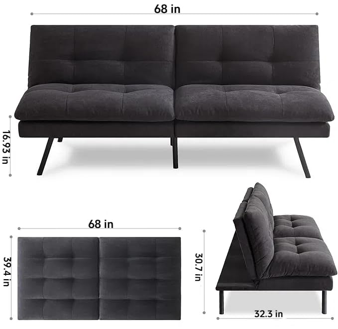 GlasFlength Futon Sofa Bed Loveseat Sleeper Sofa, Convertible Sofa Bed Small Couch with Memory Foam Split Seat Design, Linen Fabric Futon Couch for Living Room, Apartment, Bedroom (Black)