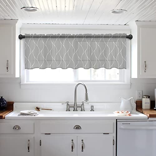 Semi-Sheer Valance Curtains, Grey Gold Wave Abstract Art Foil Print Pattern Small Window Treatment Panel - 54 x 18 Inch, White Thin Line Rod Pocket Tier Curtain Valances for Kitchen Sink Living Room