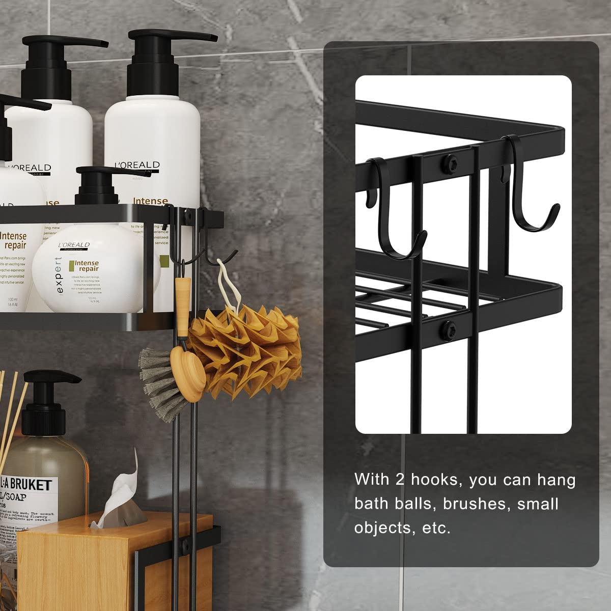 FLOLXNB 2 Tier Bathroom Storage Shelf, Wooden Toilet Shelf Organizer, Over The Toilet Storage Shelf,Toilet Storage Rack with Paper Holder and Hooks, No Drilling Wall Mounted Storage Rack, Black