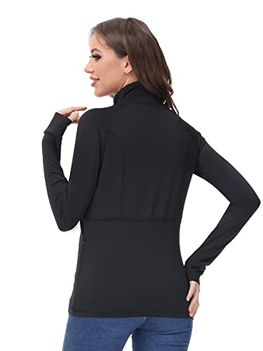 COZZIPLUS Women Workout Zip Up Running Athetic Jacket-Women Stretchy Yoga Zip Top with Thumb Holes and 2 Pockets (Black,L)