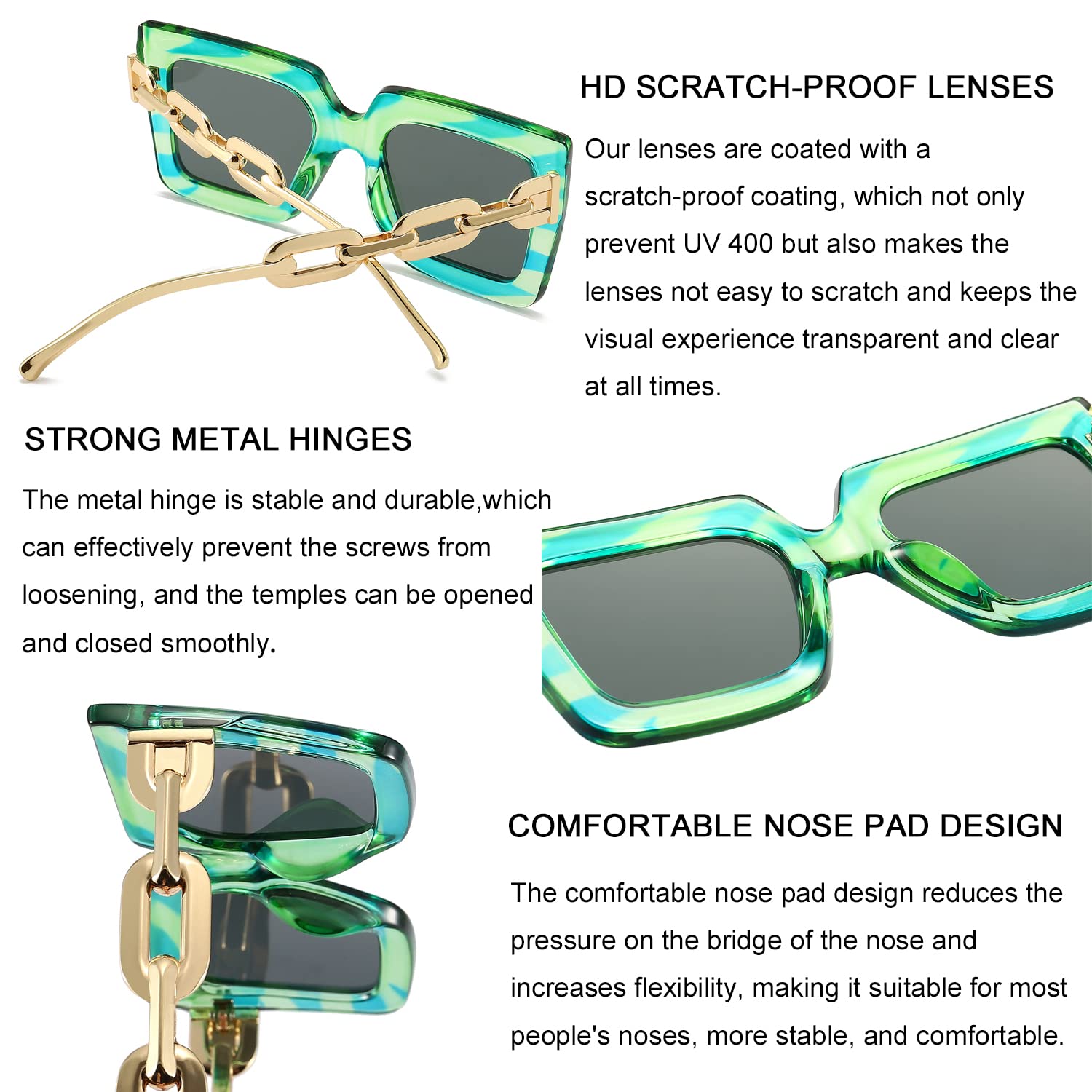 Dollger Oversized Square Sunglasses for Women Large Frame Metal Chain Arms UV Protection Glasses