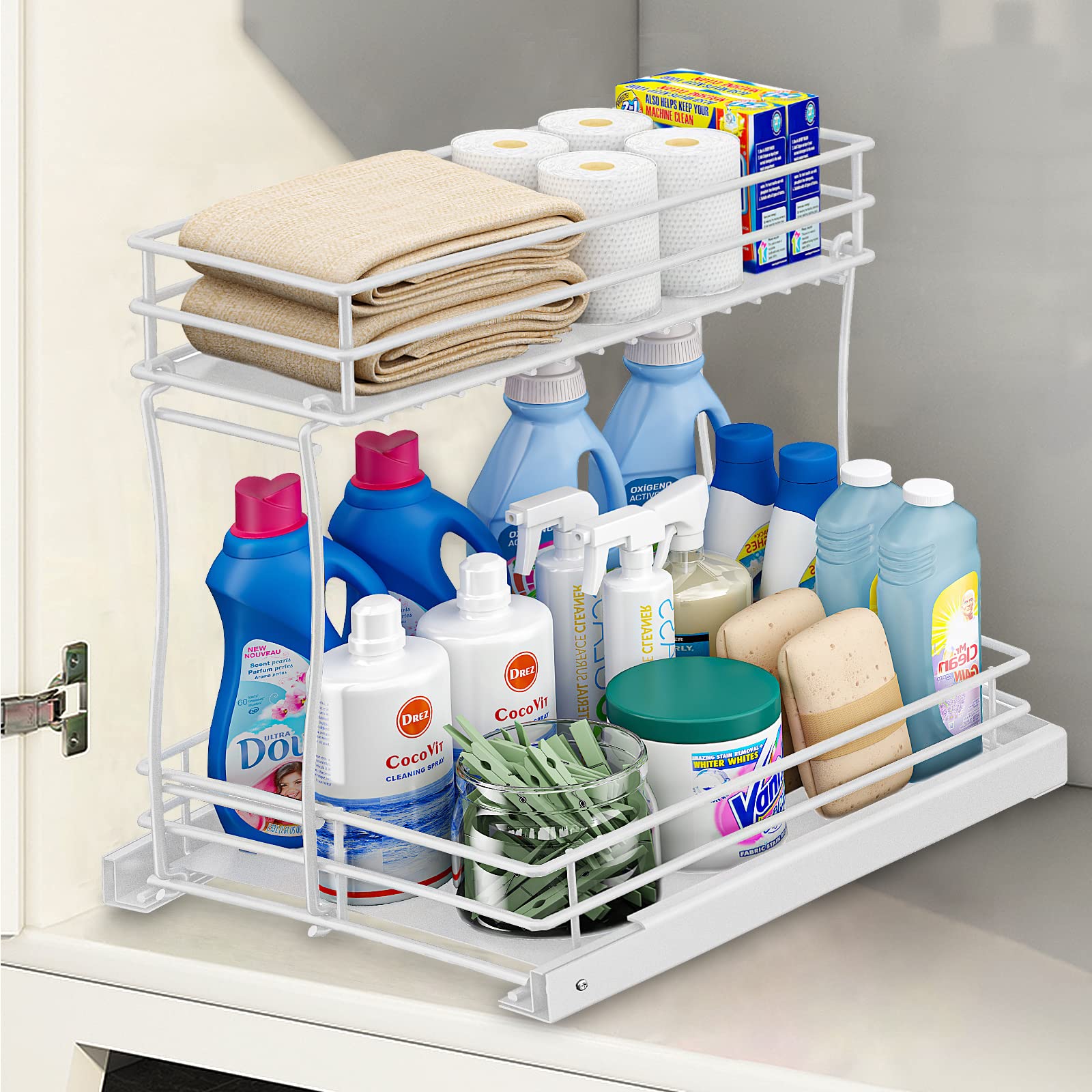 CD HOME Pull Out Cabinet Organizer, Under Sink Slide Out Storage Shelf with 2 Tier Sliding Wire Drawer,Least 13 Inch Cabinet Opening (White)