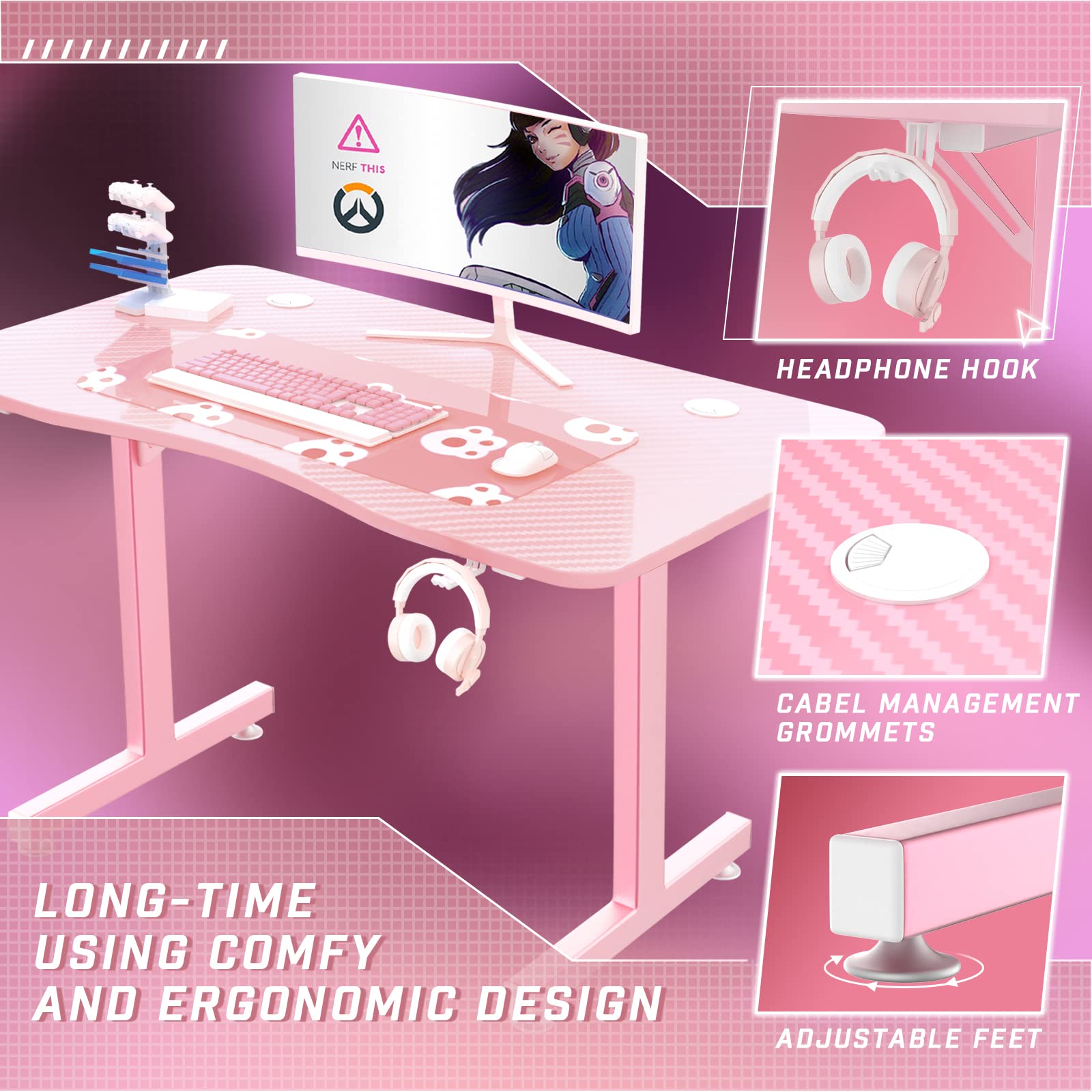 Vitesse Pink Gaming Desk 40 Inch Cute Kawaii Computer Table T Shaped Girl Gamer Workstation Home Office with Carbon Fiber Surface and Headphone Hook (Pink) 40*28*21.5