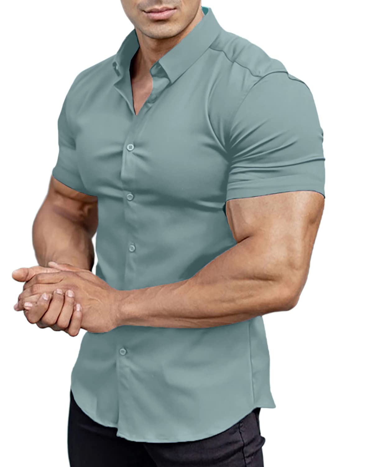 Casual Men's Muscle Fit Dress Shirts Short Sleeve Athletic Fit Button Down Shirts Light Green L