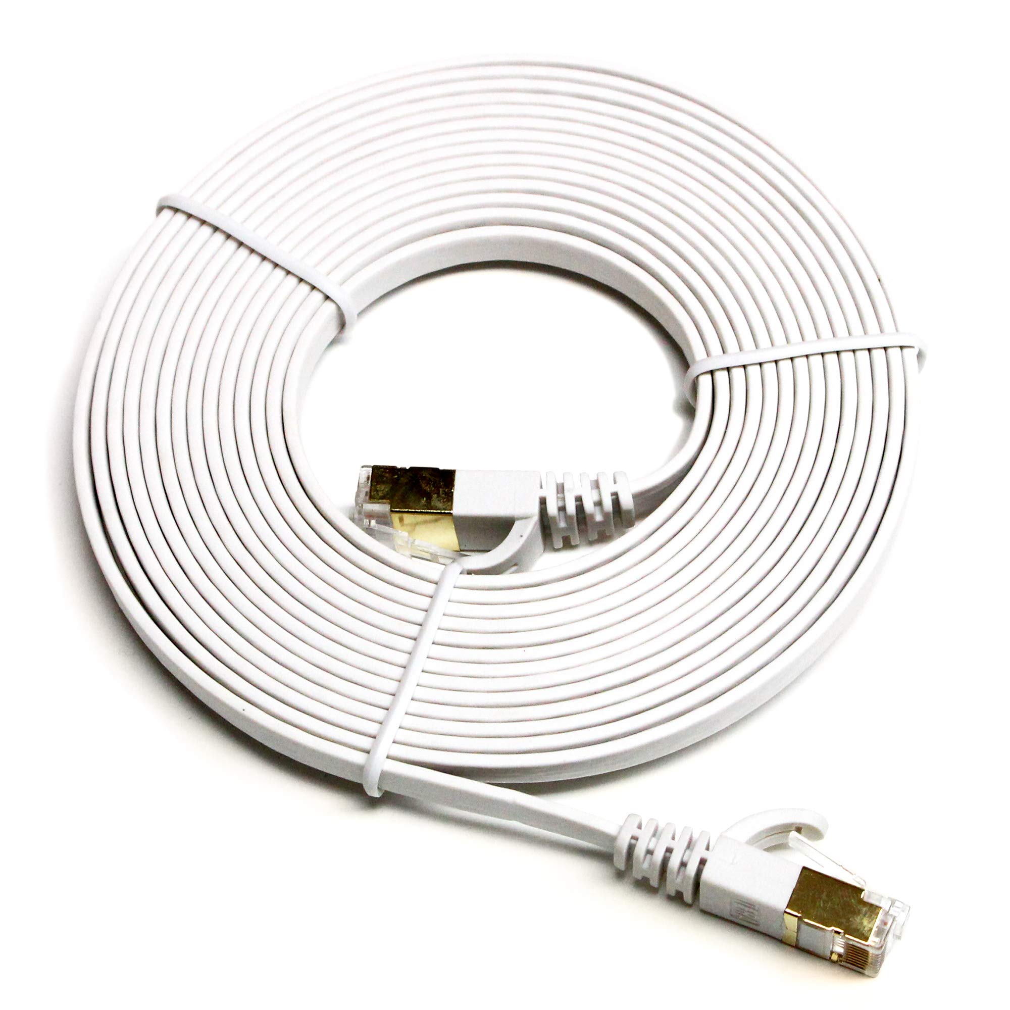 Tera Grand - 12FT - CAT7 10 Gigabit Ethernet Ultra Flat Patch Cable for Modem Router LAN Network, Gold Plated Shielded RJ45 Connectors, Faster Than CAT6a CAT6 CAT5e, White