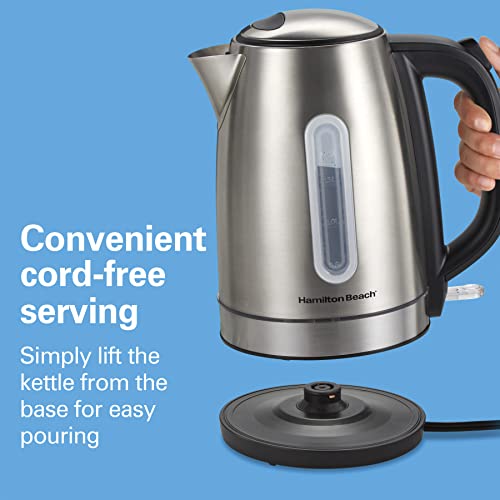 Hamilton Beach Electric Tea Kettle, Water Boiler & Heater, 1.7 Liter, Cordless Serving, 1500 Watts for Fast Boiling, Auto-Shutoff and Boil-Dry Protection, Stainless Steel with LED Light Ring (41037)