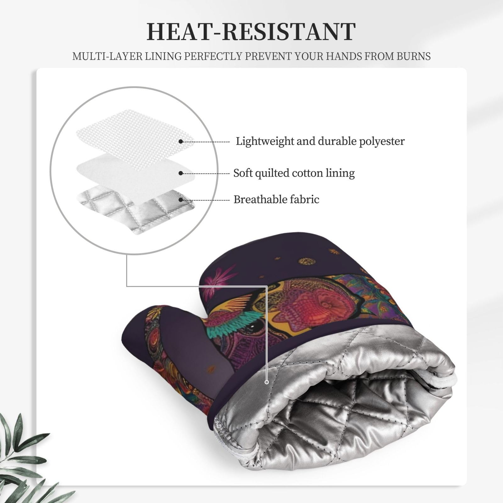 Colorful Tribal Floral Elephant Printed Oven Mitts Heat Resistant Oven Gloves Non-Slip Silicone Kitchen Gloves for Cooking Baking BBQ Gloves 1 Pair