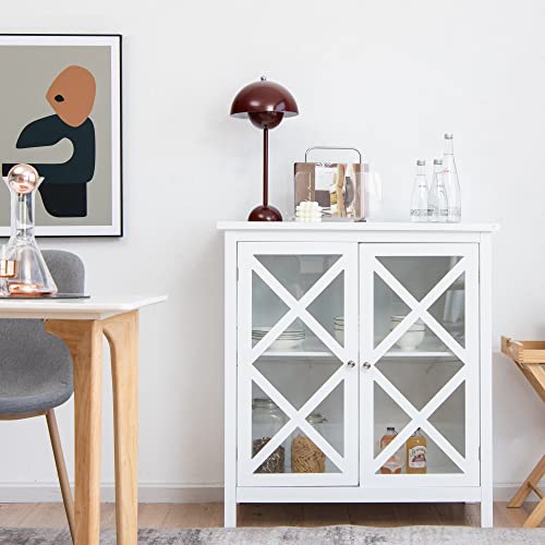 LOKO Buffet Cabinet, Kitchen Storage Cabinet with Tempered Glass Doors & Adjustable Shelves, Sideboard Cabinet Liquor Cabinet for Kitchen, Living Room, 35.5 x 15.5 x 38 inches (White)