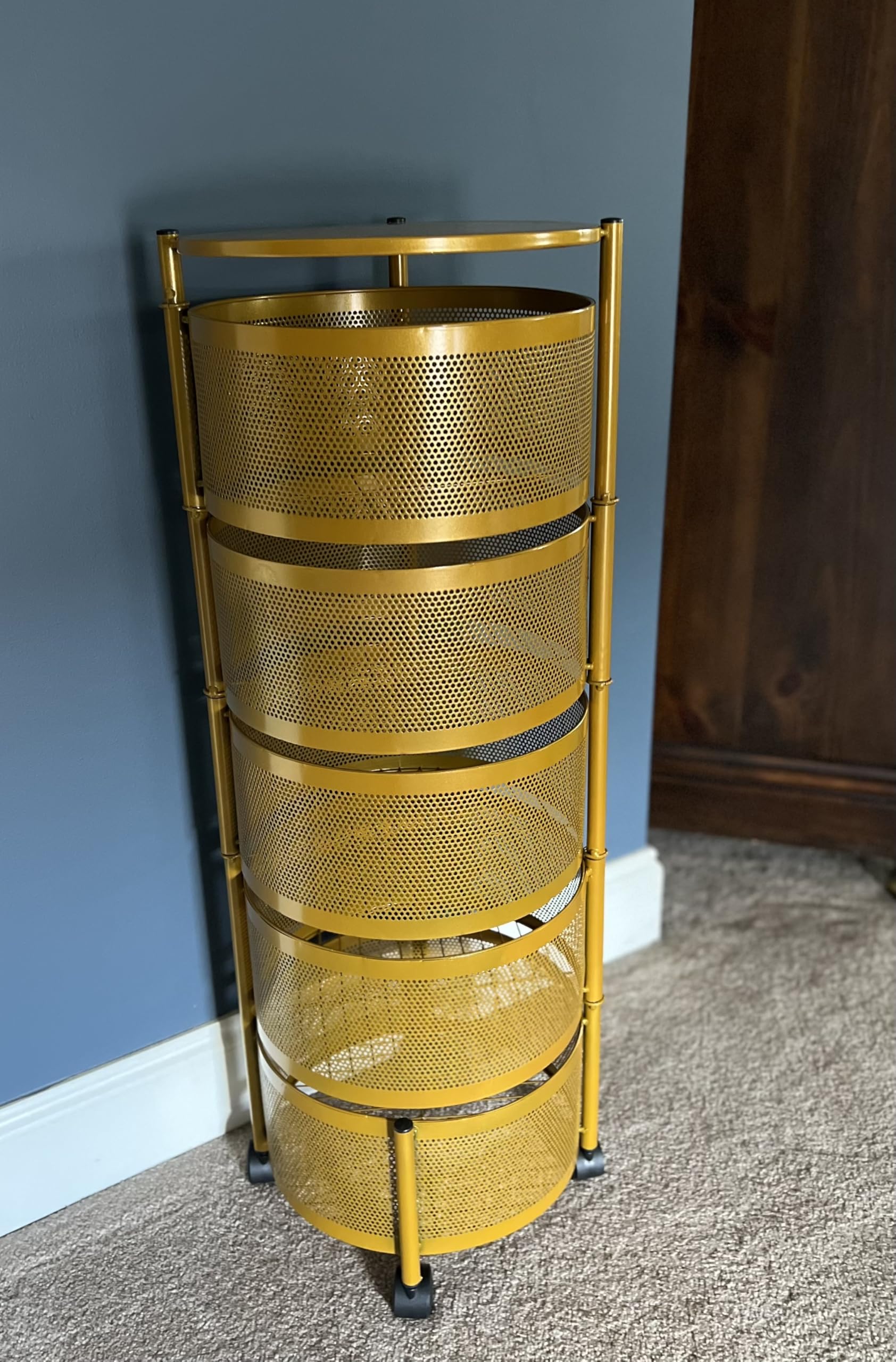 H&H Supply 5 Tier Rotating Storage Kitchen Cart Organizer Metal Vegetable Fruit Basket Rotating Shelves for Kitchen Dorm Office Bathroom Matte Yellow Gold Lightweight