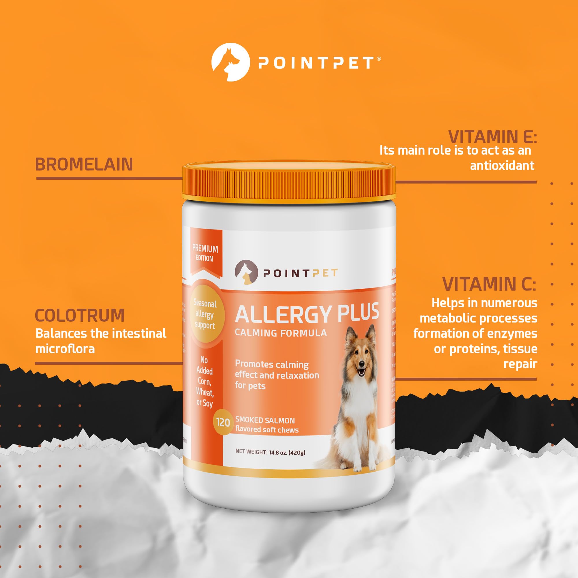 PointPet Allergy Plus Calming Formula for Dogs, 120 Count - Comprehensive Seasonal Allergy Support - Helps & Manages Histamine - Premium 13-in-1 Blend