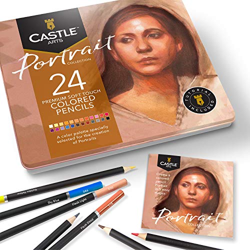 Castle Arts Themed 24 Colored Pencil Set in Tin Box, perfect ‘Portraits’ colors. Featuring quality, smooth colored cores, superior blending & layering performance achieves realistic results