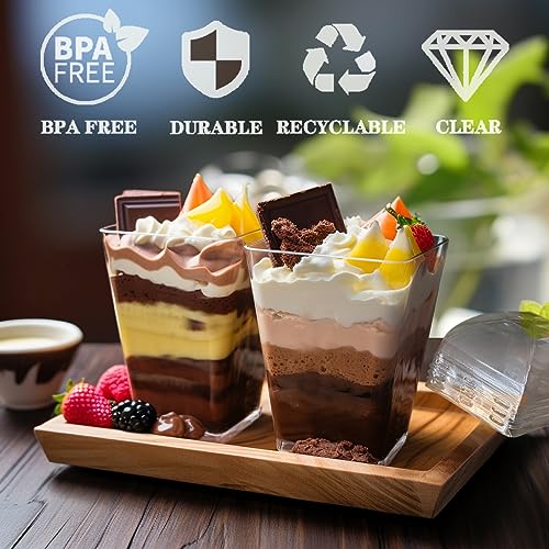 Hiasobre 50Pack 5oz Clear Plastic Dessert Cups with Lids and Spoons, Reusable Square Parfait Appetizer Cups, Party Trifle Shooter Serving Cups, Mini Dessert Shot Glasses for Tasting