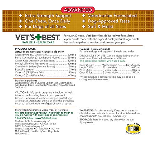 Vet's Best Hip & Joint Soft Chew Dog Supplements | Formulated with Glucosamine & Chondroitin to Support Dog Joint & Cartilage Health | 30 Day Supply