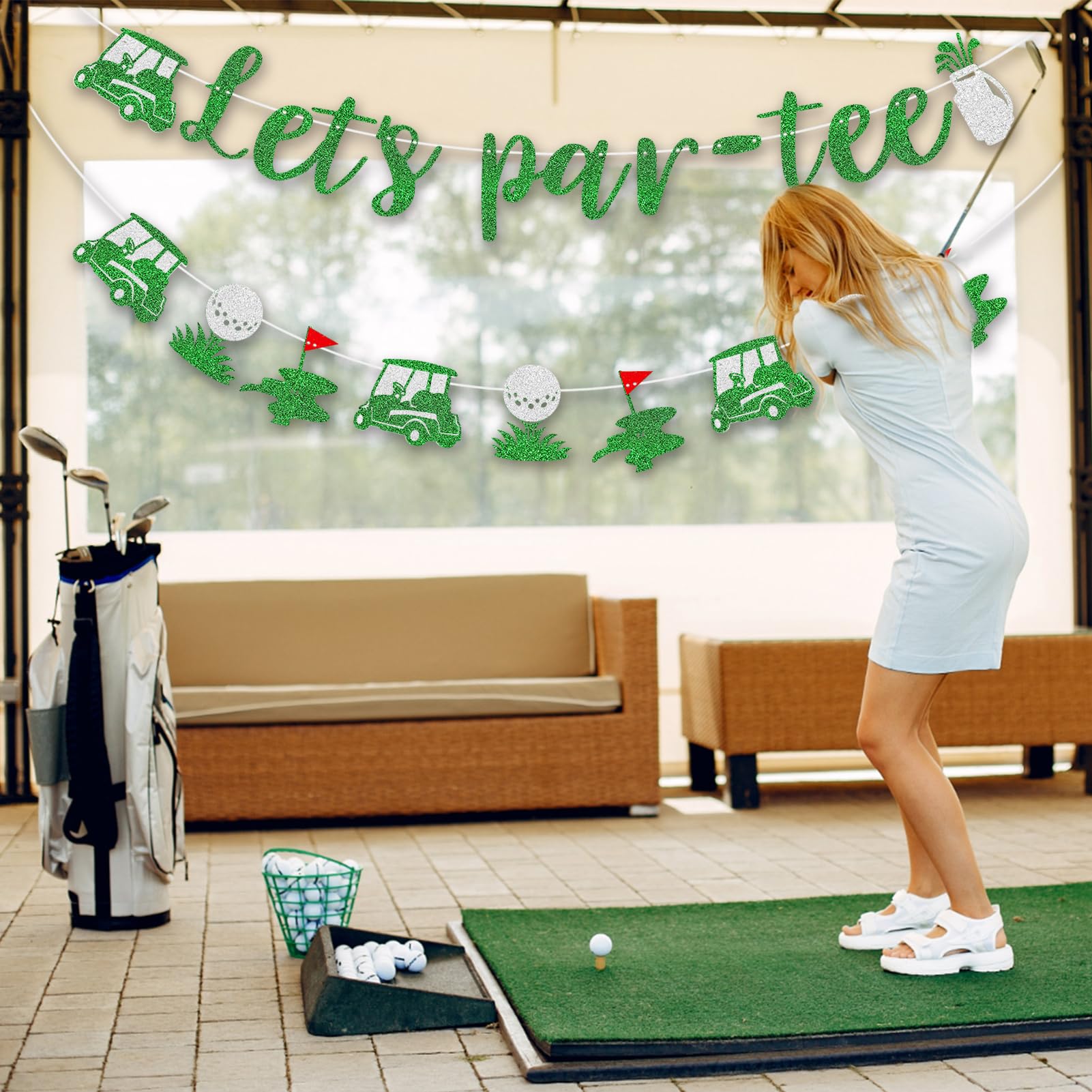 Generic Let's Par Tee Banner, Tee Banner Golf Themed Birthday Party Decoration, Golf Themed Retirement Party Decorations,Green Glitter