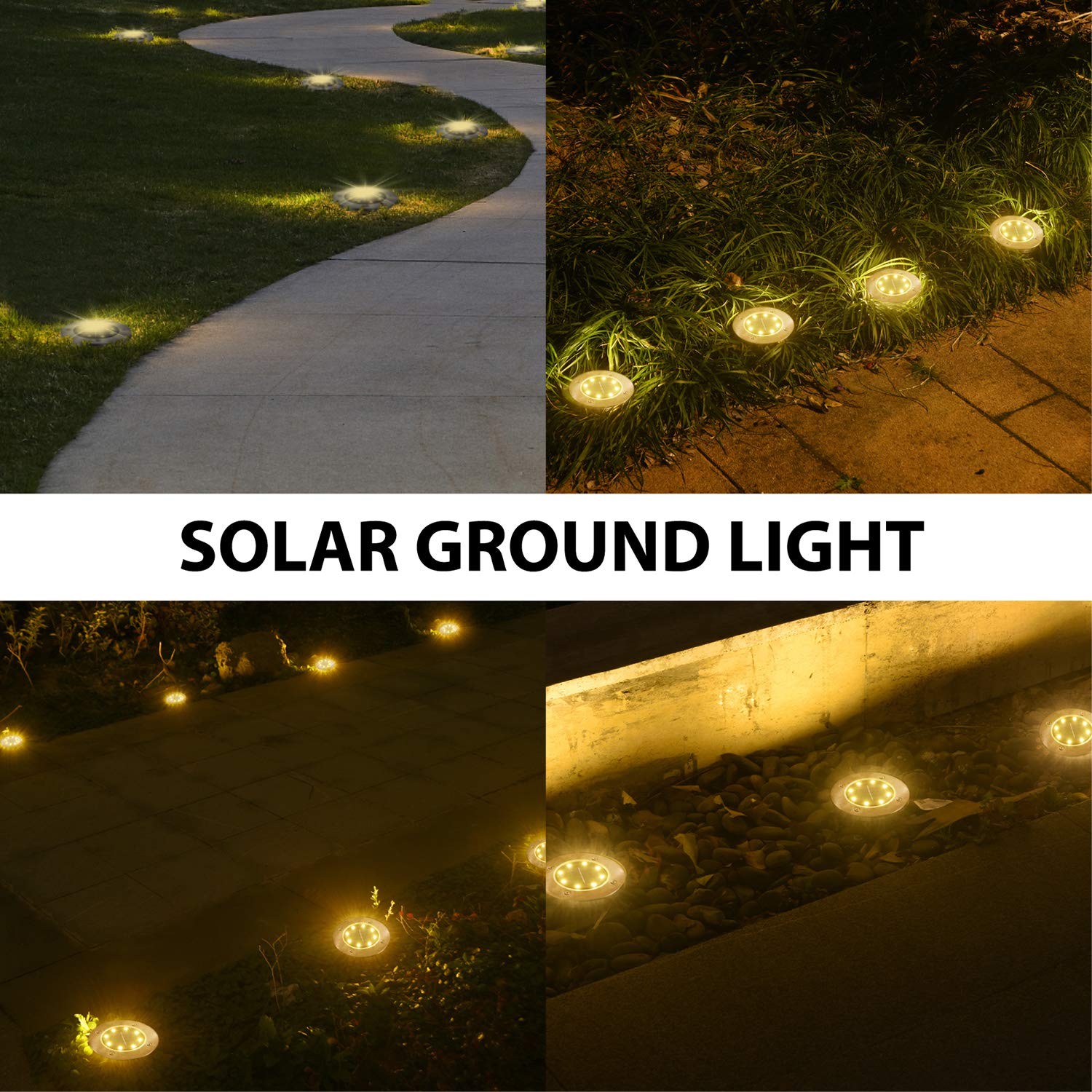 Solar Ground Lights 12pack-8LED Outdoor Solar Ground Light Garden Disk Lights Waterproof Bright In-ground Landscape Lighting for Pathway Lawn Yard Patio Walkway Driveway Deck Light-Warm White