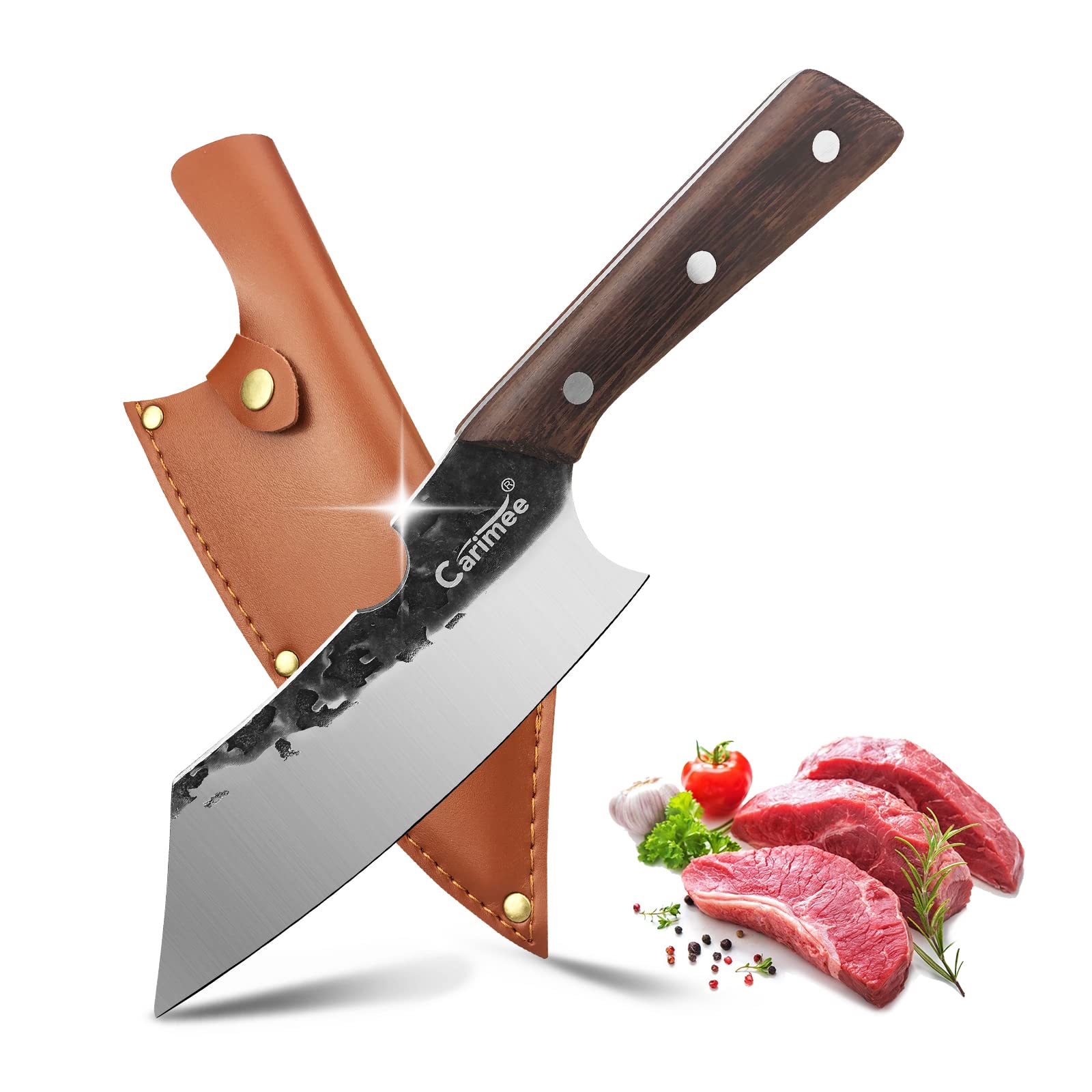 Meat Cleaver Knife High Carbon Steel Hand Forged Kitchen Chef Knives 7 Inch Full Tang Viking Knife with Sheath Butcher Boning Knife for Meat Cutting Outdoor Camping BBQ