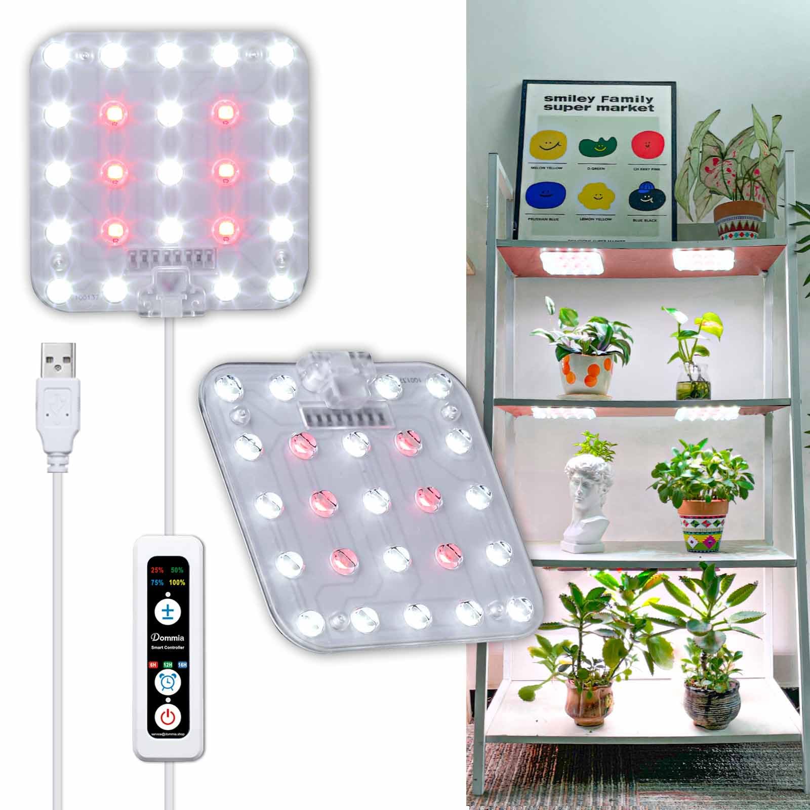 DOMMIA Grow Light, Dimmable Grow Light for Indoor Plants Full Spectrum with Optical Lens, Sunlike Under Cabinet Grow Light with 6/12/16H Timer, USB LED Plant Light for Indoor Growing (No Adapters)