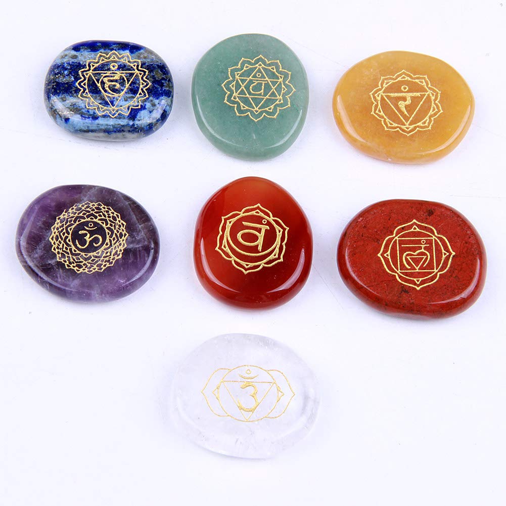 Chakra Stones-Reiki Healing Crystal With Engraved Chakra Symbols Holistic Balancing Polished Palm Stones Set of 7