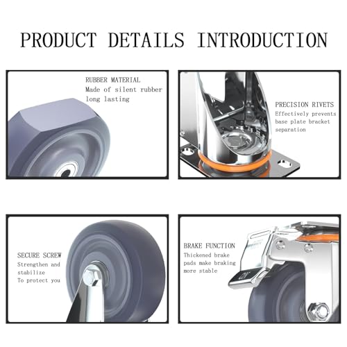 Caster Wheels, Wheels for Furniture Casters Set of 4, 3 Inch Casters, Directional & Swivel & Brake Casters, Industrial Casters Rubber Silent Load Capacity 300Kg(2fixed+2universal)