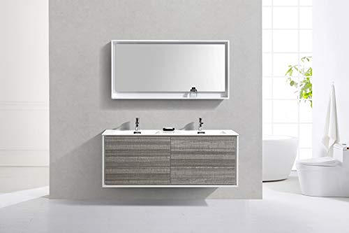 Kube DL60D-HGASH DeLusso 60" Double Sink Ash Gray Wall Mount Modern Bathroom Vanity