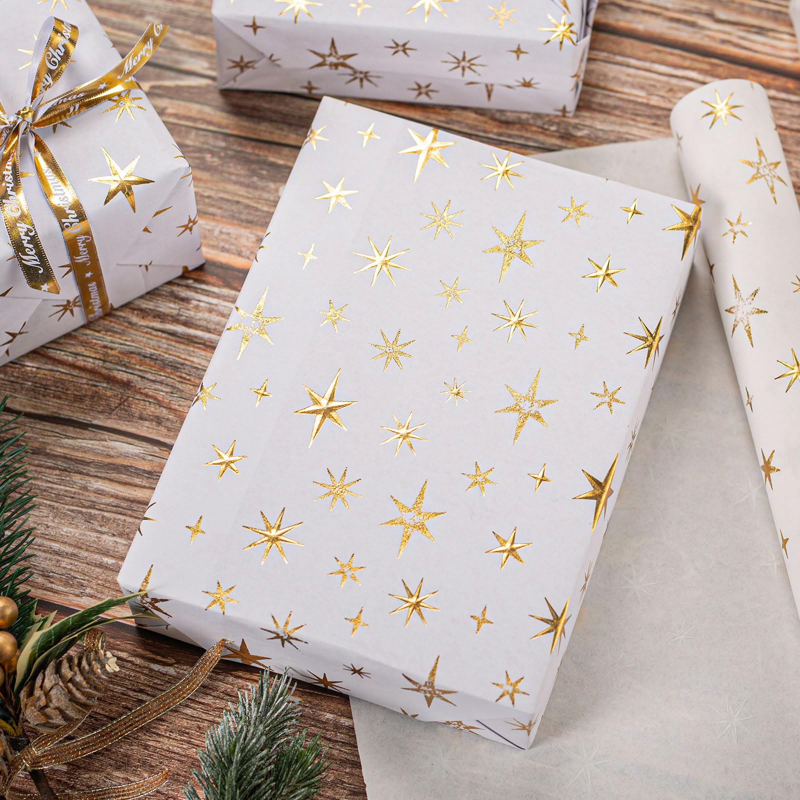 Flyhill White Wrapping Paper-17inch*197inch( 23.4sq.ft.ttl Per Roll - White Gold 3D Embossed Foil Star Pattern for Christmas,Birthday, Party,Wedding,Bridal Shower Shower,Thanksgiving