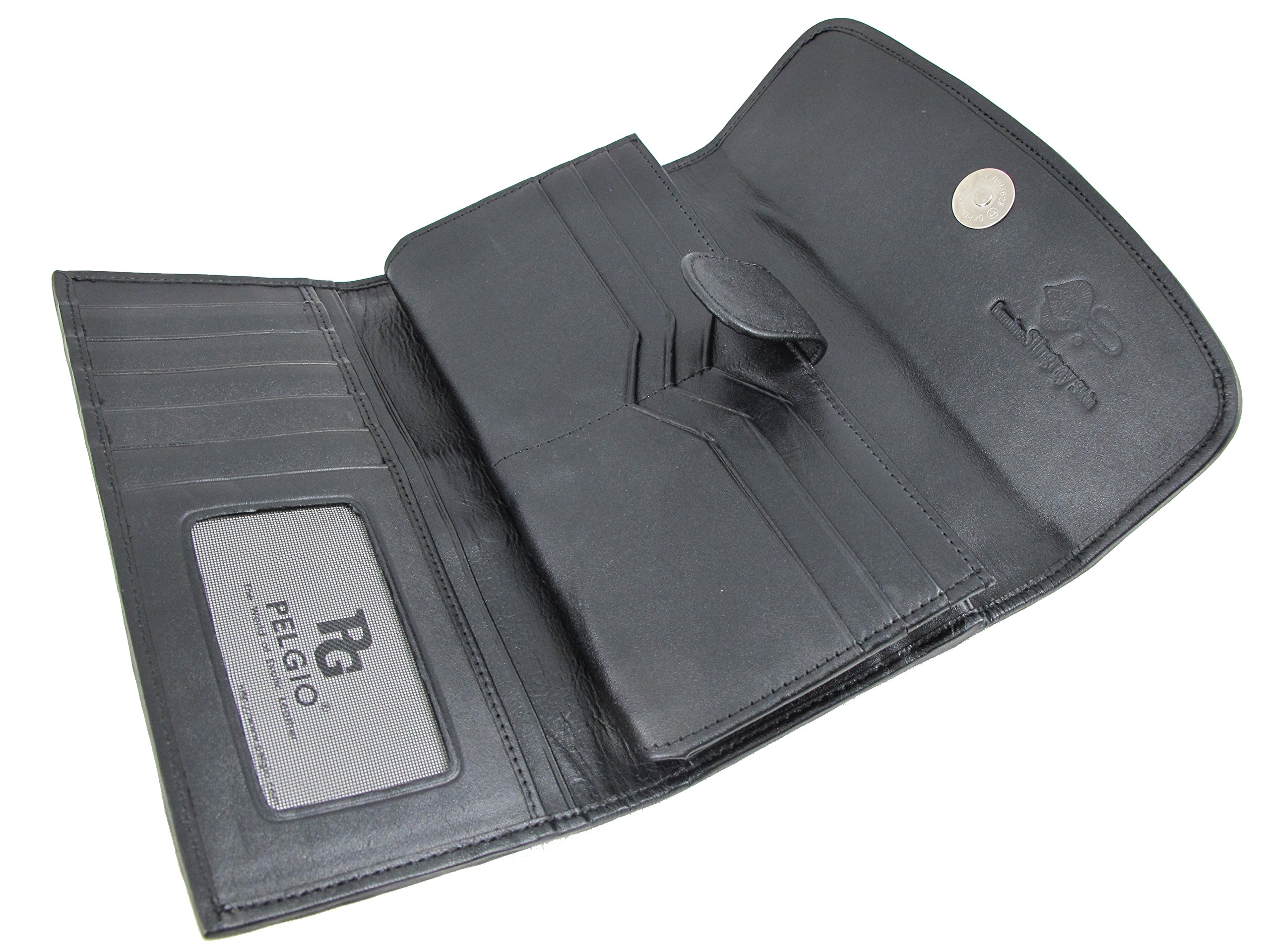 PELGIO Genuine Row Diamond Stingray Skin Leather Women's Trifold Clutch Wallet Black