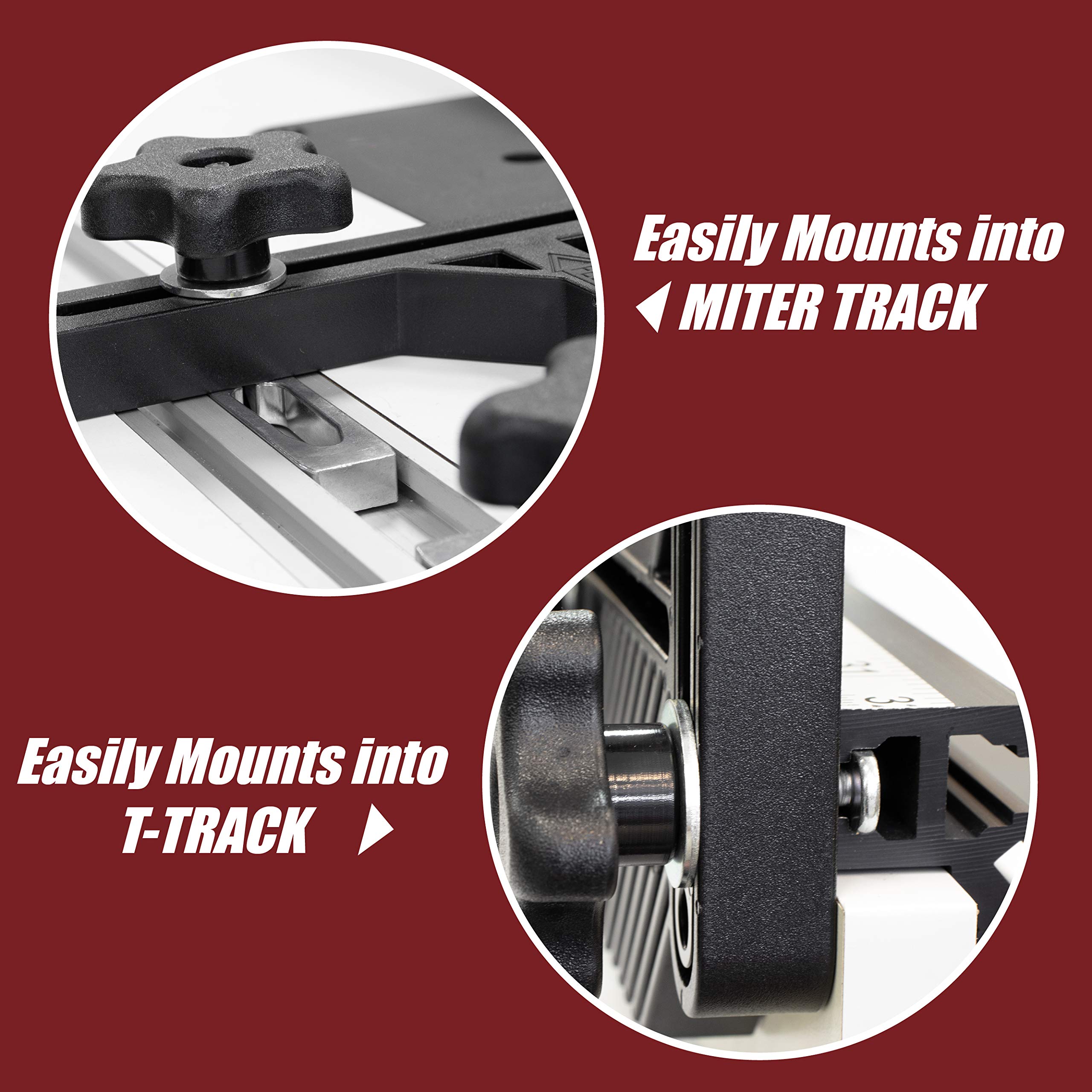 Dual Deluxe Stackable Featherboards with Riser Blocks Aluminum Miter Lock Bar and T Bolt Hardware for Track or Miter Slot Mounting Ideal for Table Saws Router Tables and Band Saws