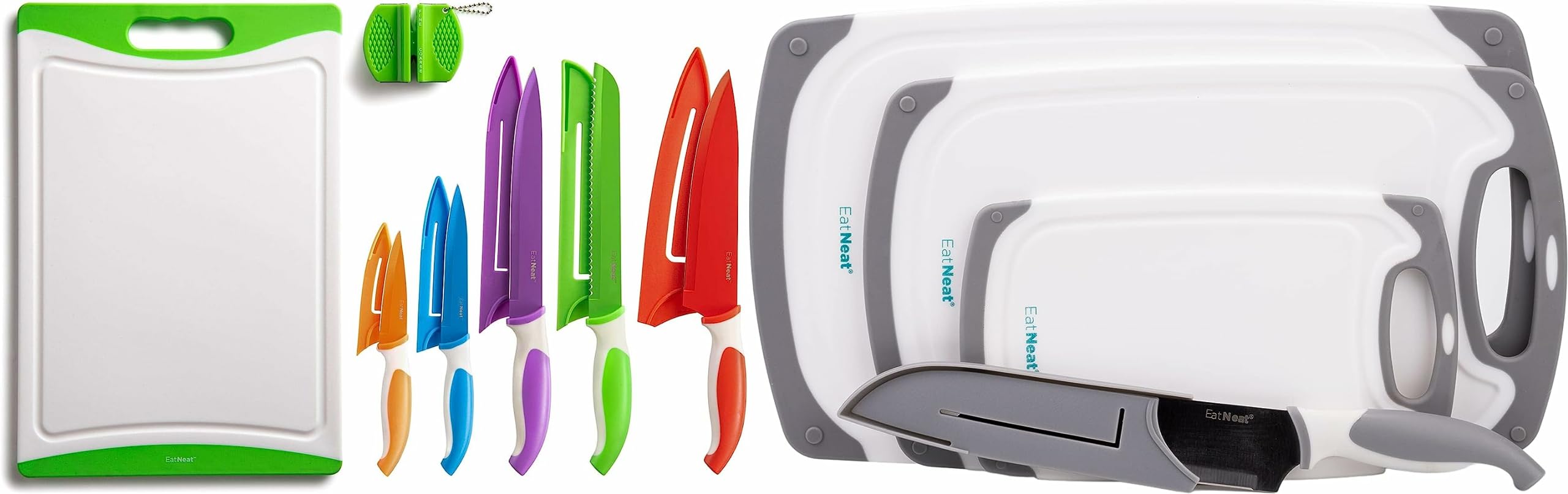 EatNeat 12 Pc Colorful Kitchen Knife Set - Camper Must Haves 5 Stainless Steel Knives with Safety Sheaths 5 pc Cutting Board and Kitchen Knife Set