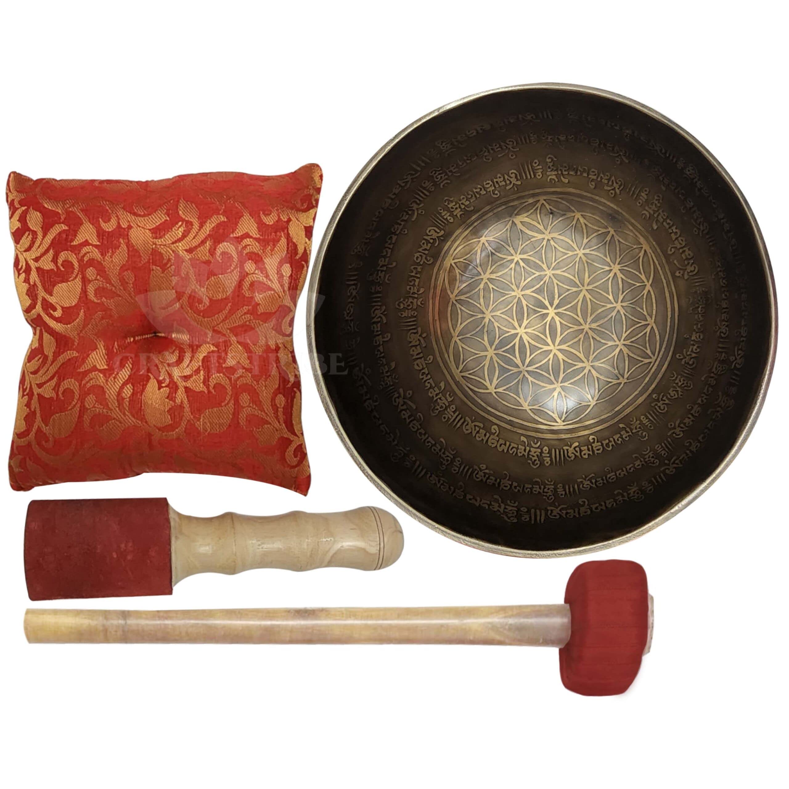 CRAFTSTRIBE 10" Large Hand Hammered Tibetan Carving Singing Bowl Meditation Healing Bowl with Mallet and Silk Cushion Golden