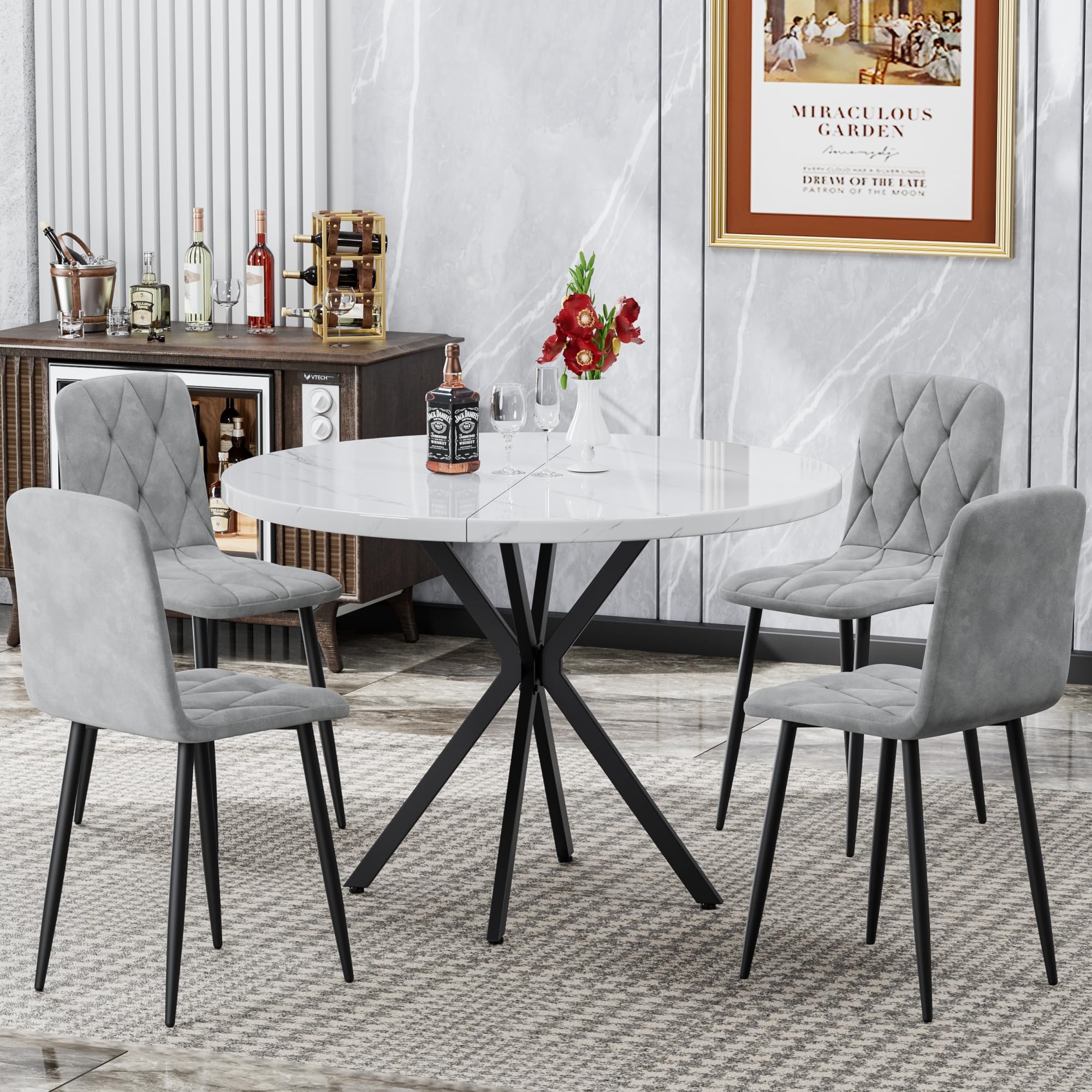 DKLGG White Round Dining Table Set for 4, 39" Round Kitchen Table Set with 4 Upholstered Velvet Chairs, Space-Saving Dining Table Set for Kitchen Dining Room(1 White Table with 4 Grey Chairs)