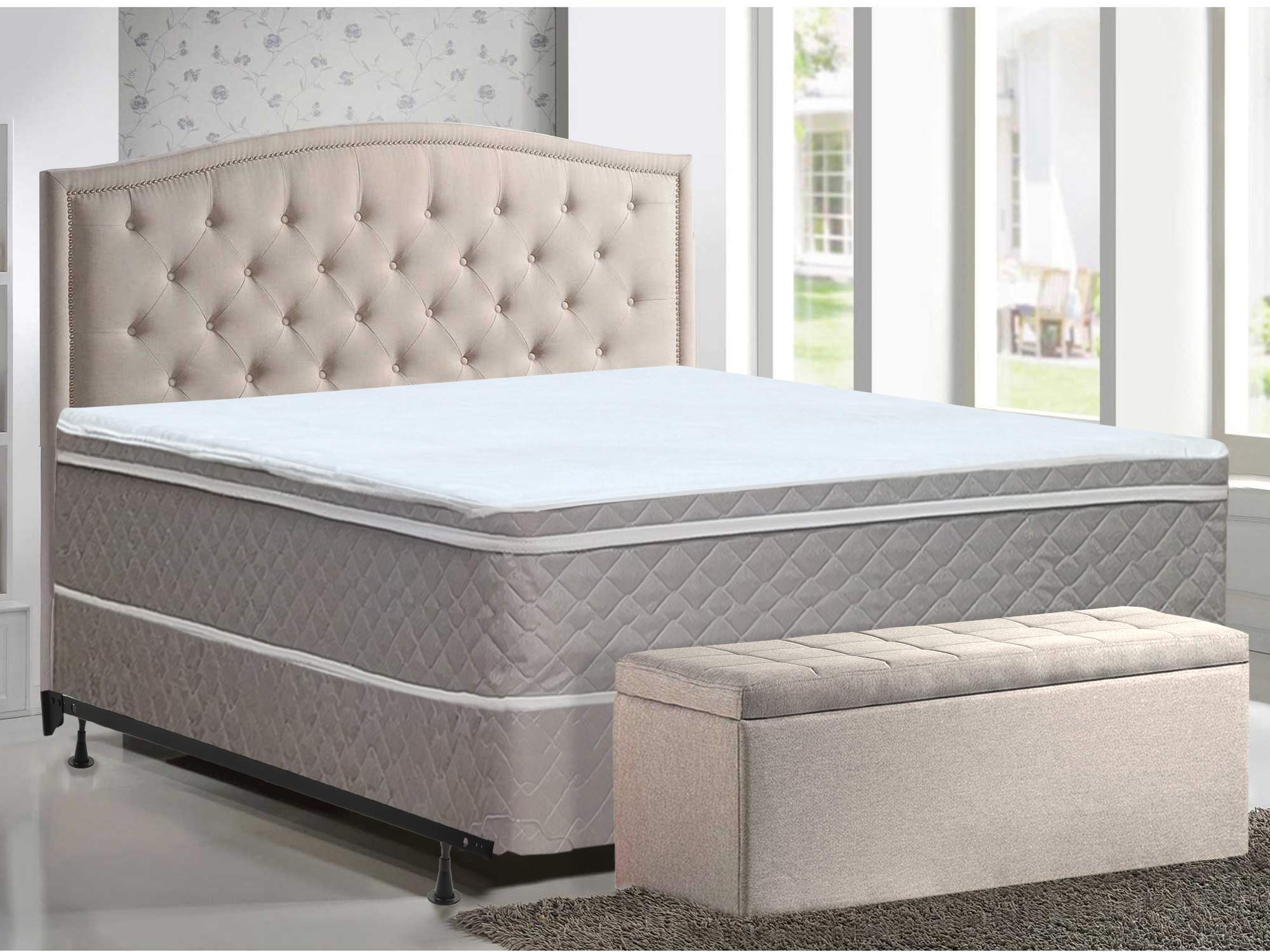 Mattress Comfort Medium Plush Eurotop Pillowtop Innerspring Mattress and 4" Low Profile Wood Boxspring/Foundation Set, with Frame, Full XL, Size