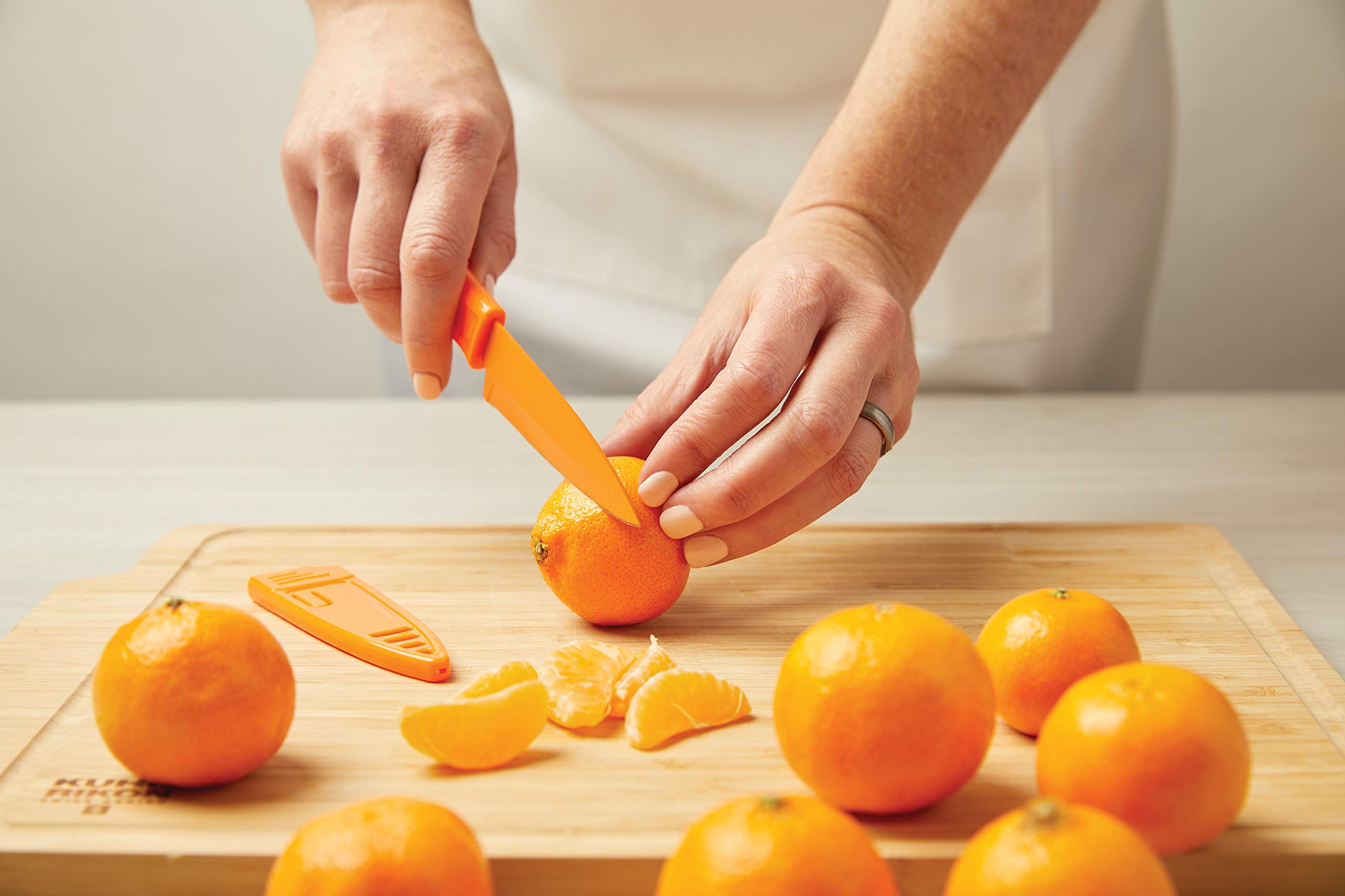 Kuhn Rikon Colori Non-Stick Straight Paring Knife with Safety Sheath, 4 inch/10.16 cm Blade, Tangerine
