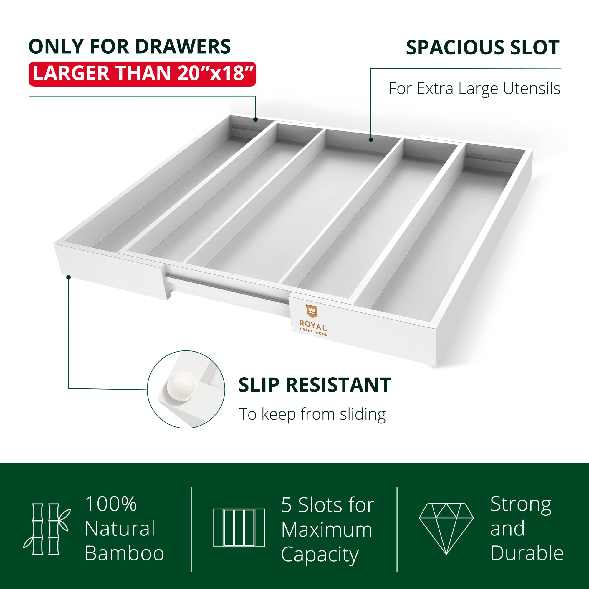ROYAL CRAFT WOOD Luxury Bamboo Kitchen Drawer Organizer - Silverware Organizer - Utensil Holder and Cutlery Tray with Grooved Drawer Dividers for Flatware and Kitchen Utensils (5 Slot, White)