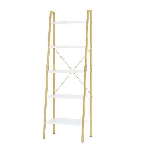 finetones 5-Tier Ladder Shelf, Gold Bookcase Bookshelf with Metal Frame, Display Shelf Plant Rack Accent Furniture for Home Office, White/Golden