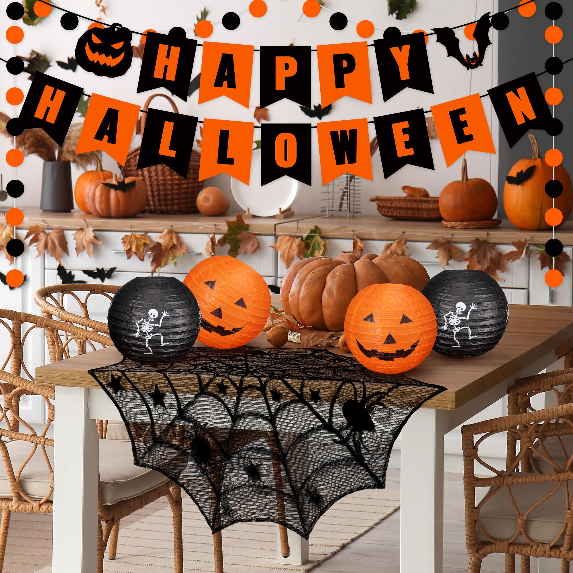 DMIGHT Halloween Decorations Indoor Set, Paper Lanterns & fans, Halloween Fireplace Mantel Scarf, Spiderweb Tab Runner, Halloween Banner, 60 Pcs Scary 3D Bat Sticker, Halloween Party Spooky Home Decor